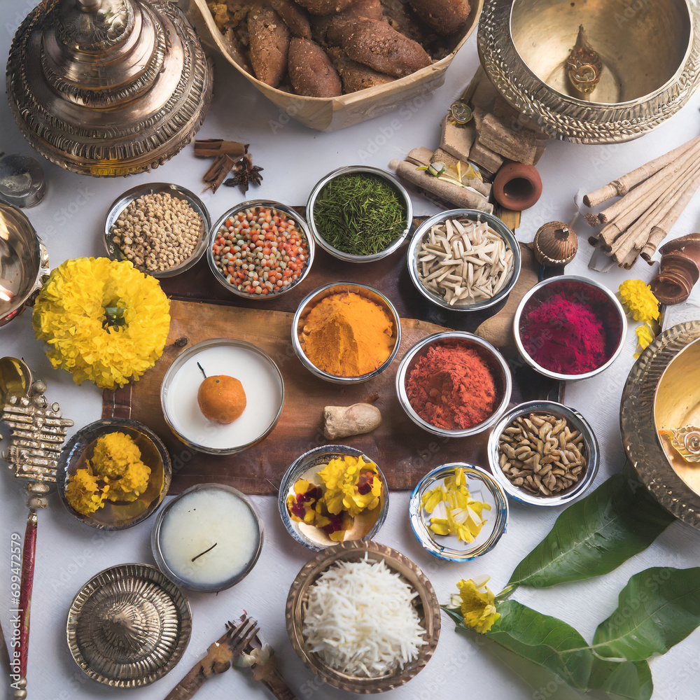 pooja material puja sahitya in hindu religion from india, arranged in a ...