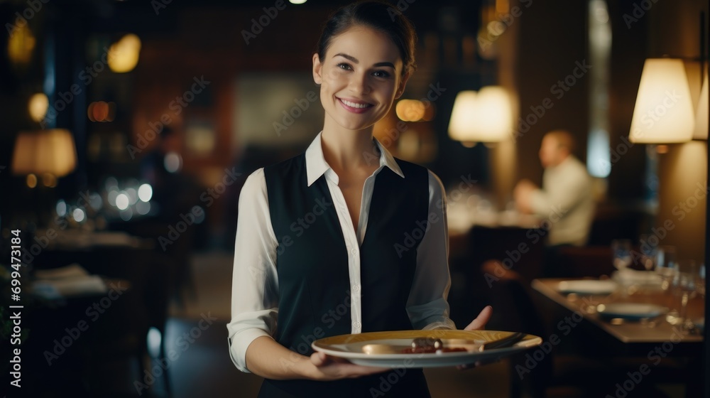 A beautiful young smiling server waitress in restaurant with plates ...