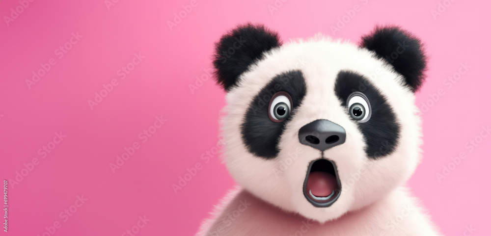 An endearing cartoon panda shows a look of surprise, with large ...