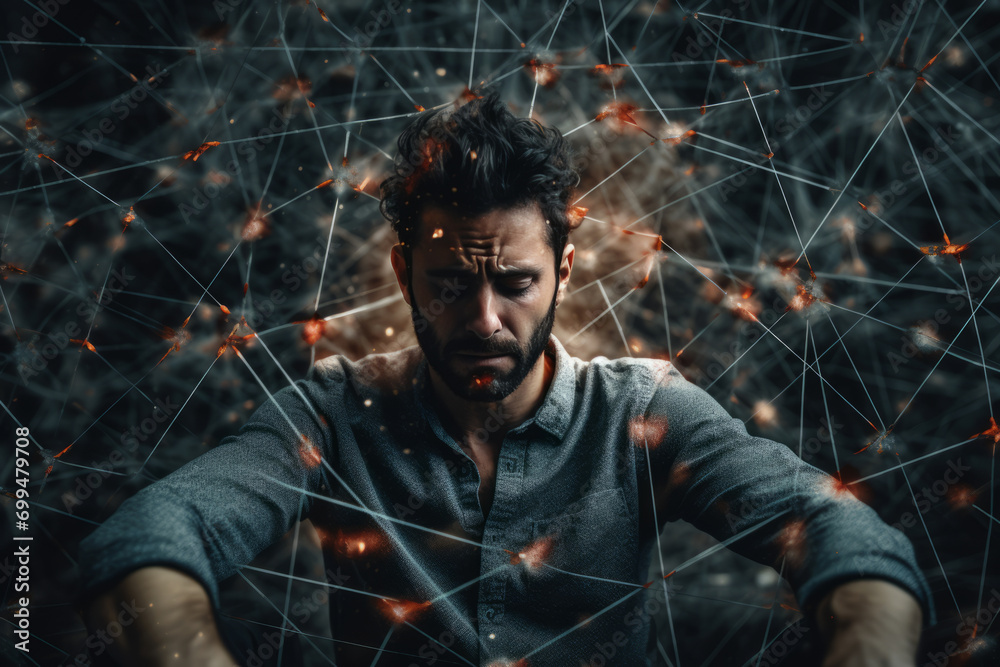 A man seated amidst a tangle of wires, symbolizing the entrapment of ...