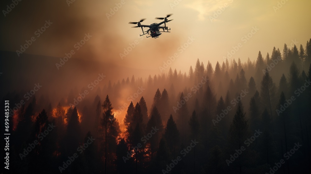 Firefighting Drone in Flight Over Devastating Wildfire in Dense Forest ...