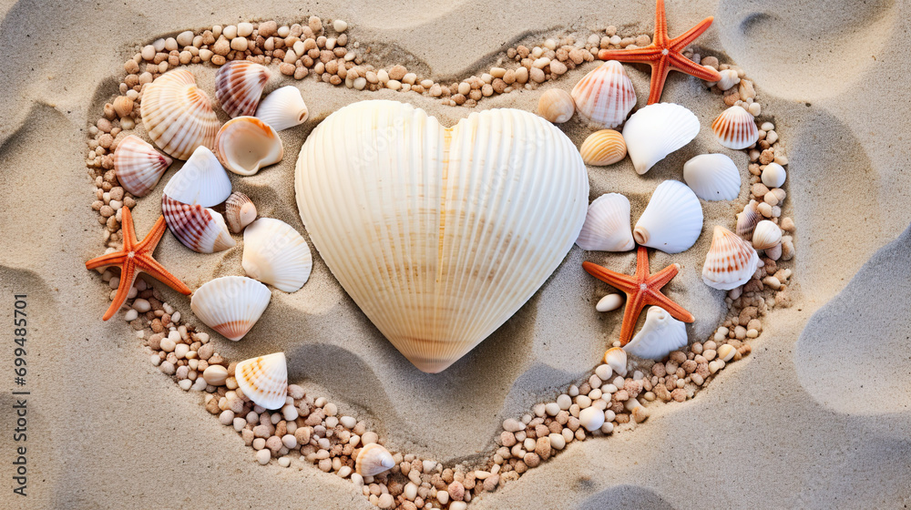 Heart shaped sea shells on a sand background Stock Photo | Adobe Stock