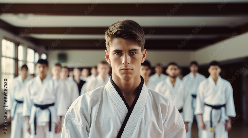A karate asian martial art training in a dojo hall. young man wearing ...