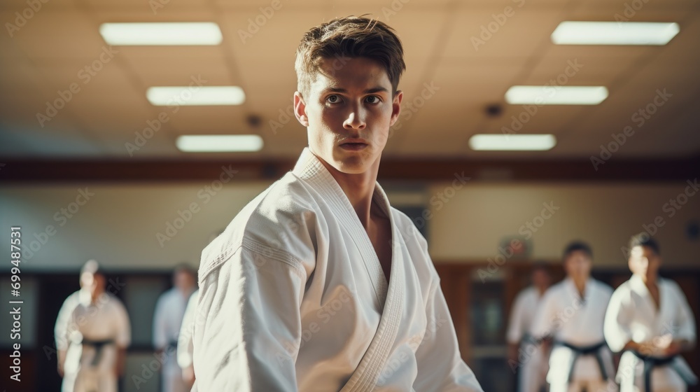 A karate asian martial art training in a dojo hall. young man wearing ...