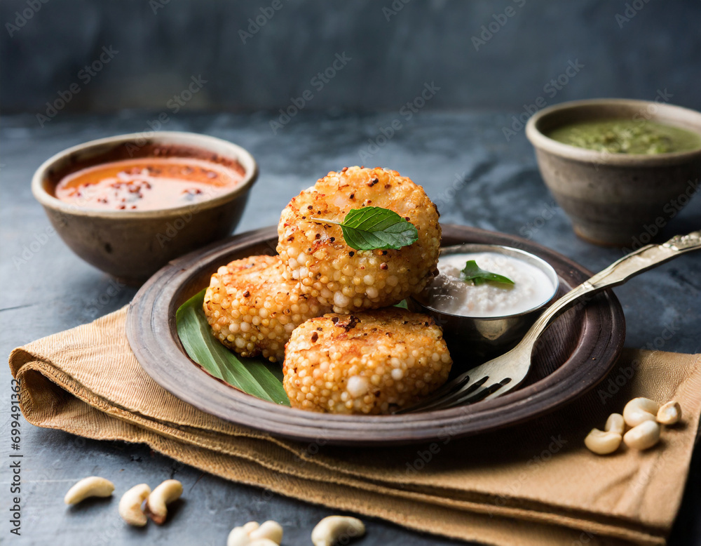 Sabudana vada or Sago fried cake served with peanut chutney over moody ...
