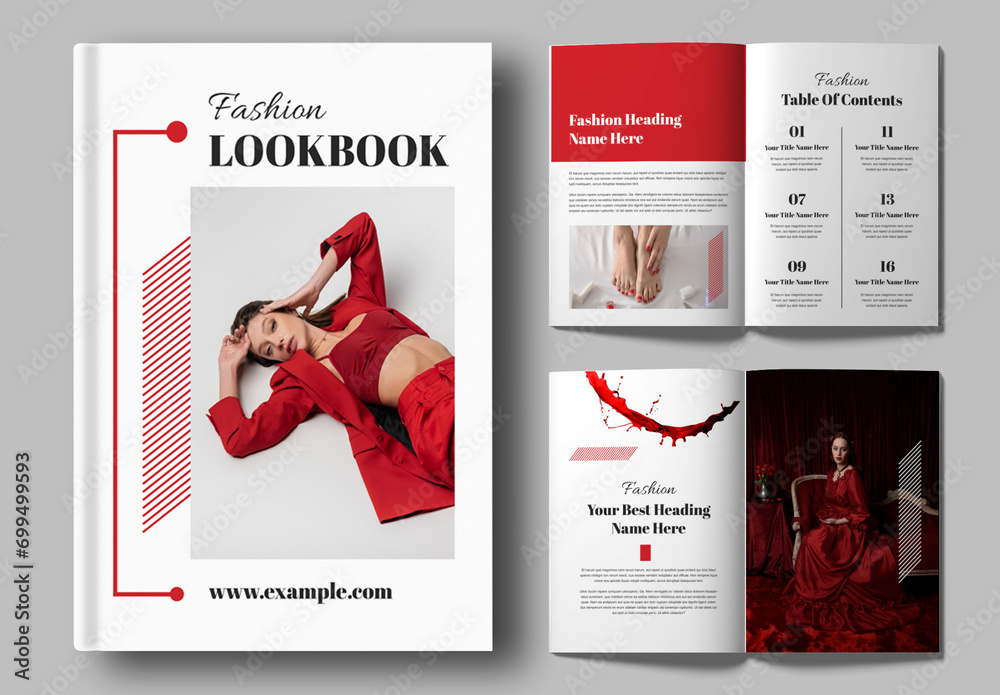 Fashion Lookbook Template Layout With Red Color Accents Stock Template ...