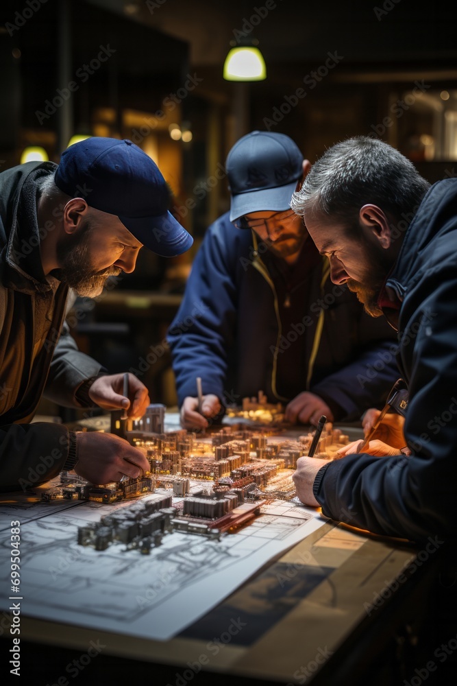 Team of civil engineers and architects collaborating on a construction ...