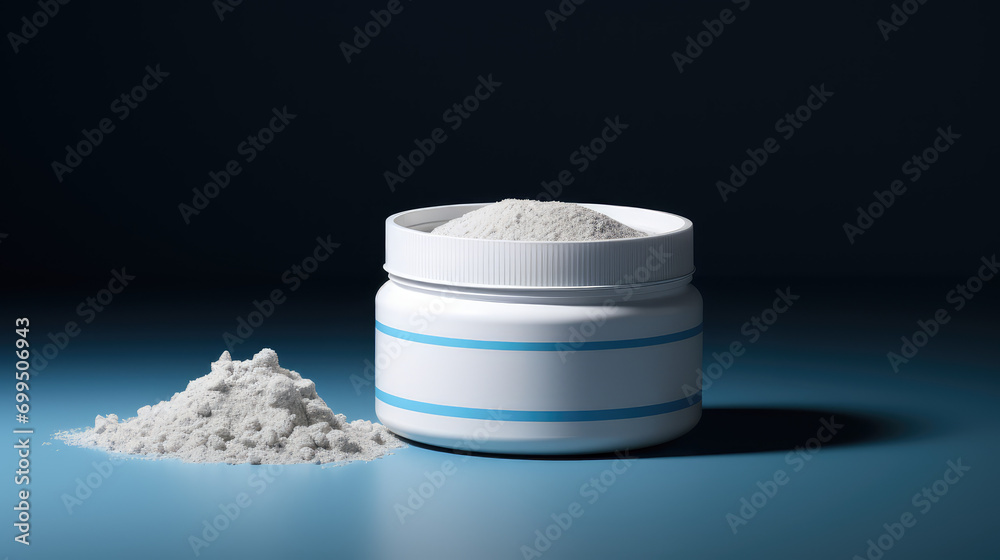 Mockup of round jar of creatine powder health supplement. Sports ...