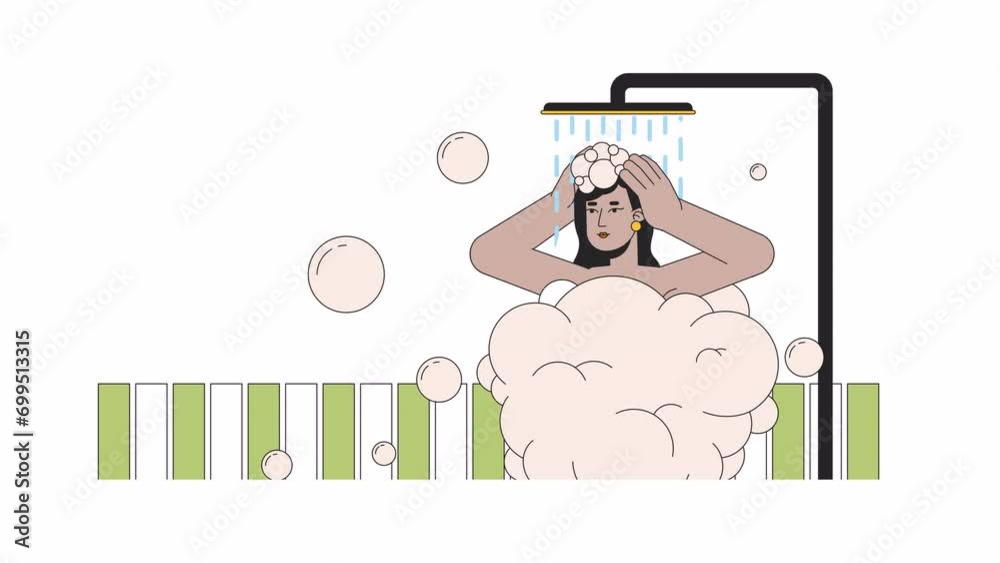 Indian woman washing hair foam line 2D character animation. Quick ...