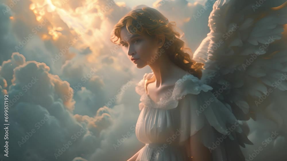 Vidéo Stock Guardian angel in heaven clouds. Archangel. Heavenly ...