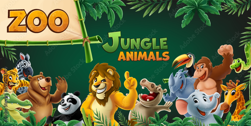 jungle animals banner with lion zebra gorilla tiger elephant rhinoceros ...