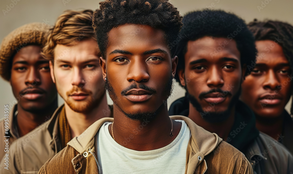 Diverse Group of Five Young Men Displaying Unity in Diversity, with ...
