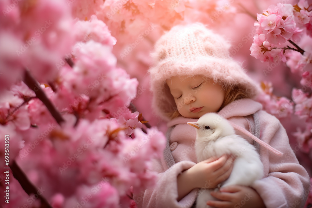 Little cute girl with little bird chicks under blooming pink cherry ...