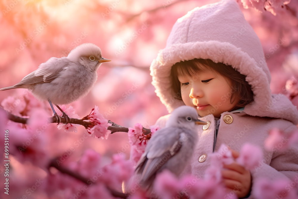 Little cute girl with little bird chicks under blooming pink cherry ...