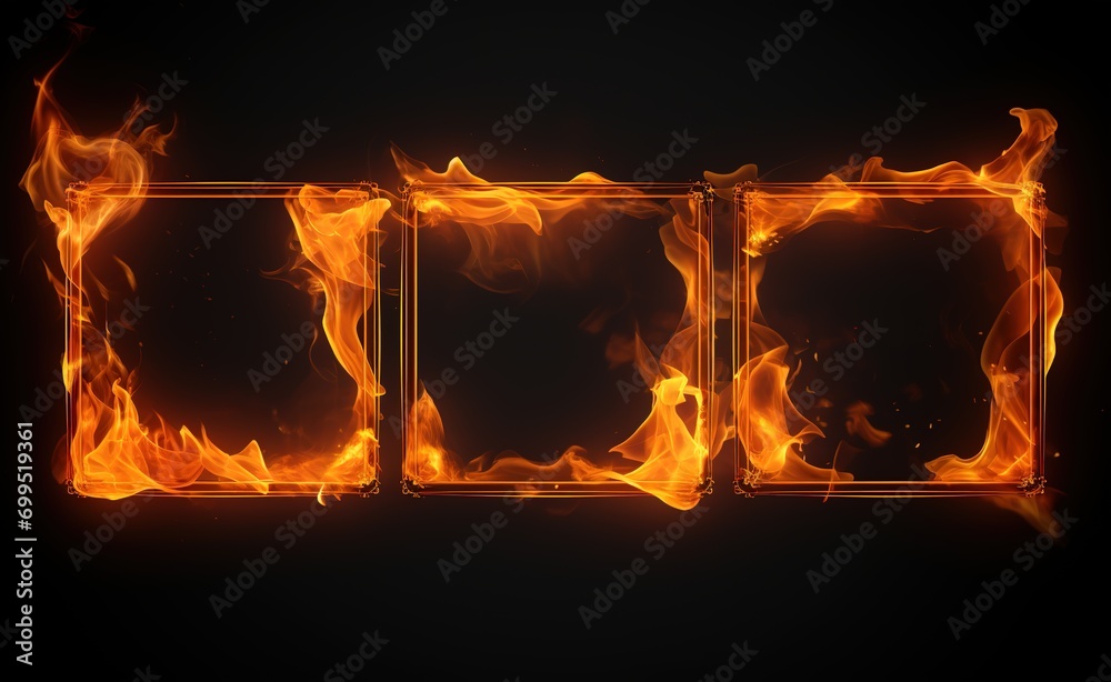 Frames with bright fire border, three square frame with orange fire ...