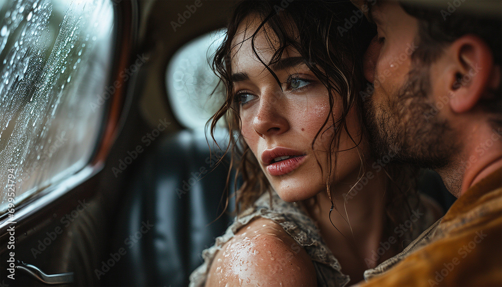 Romantic young adult kissing in car. A vintage styled couple is in a ...