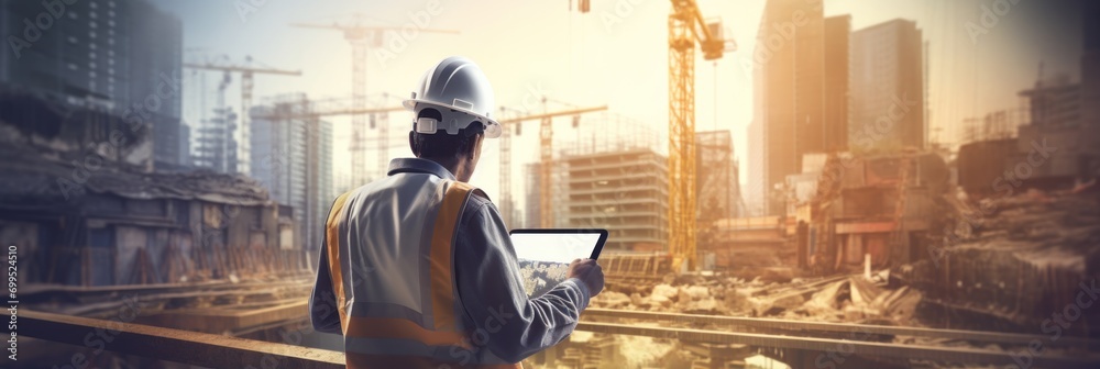 Construction workers with tablet computers and wearing construction ...