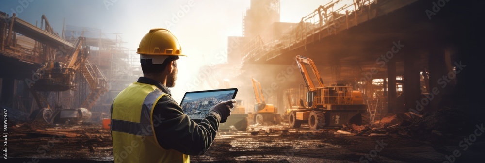 Construction workers with tablet computers and wearing construction ...