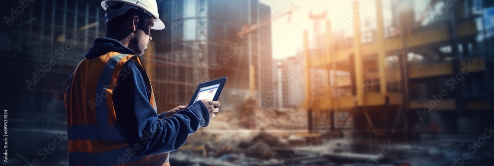 Construction workers with tablet computers and wearing construction ...