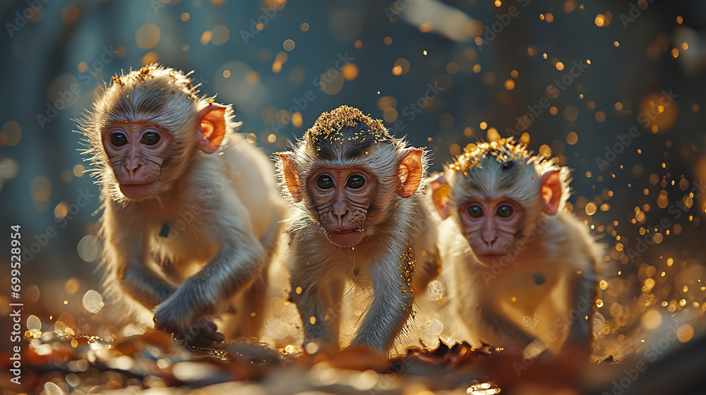 Monkey family running out from the wild, blured background with gold ...