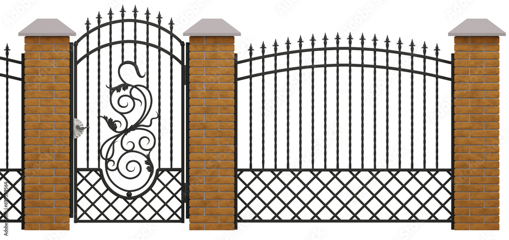 Decorative forded fence with brick piers and a gate. Wrought iron fence ...
