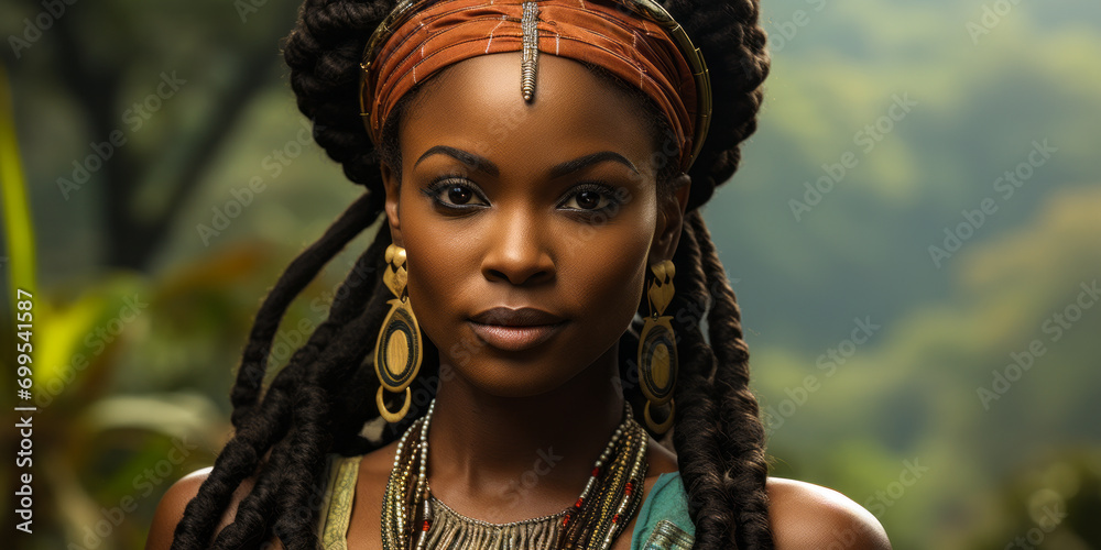 Regal African woman in traditional attire standing with a poised gaze ...