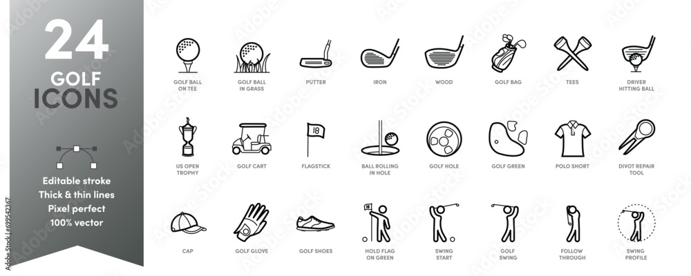Golf Icon Set. Editable stroke with thick and thin stroke weights ...