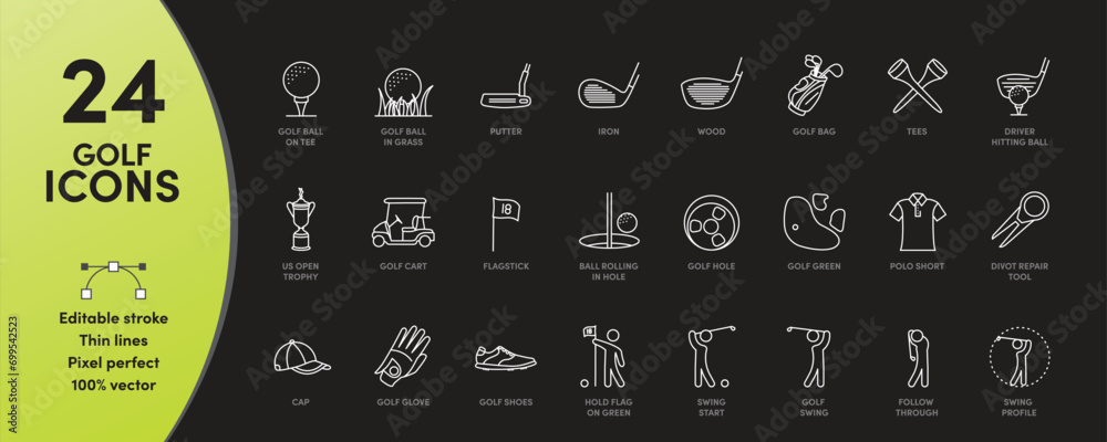 Golf Icon Set with editable stroke thickness. Perfect for logos, stats ...