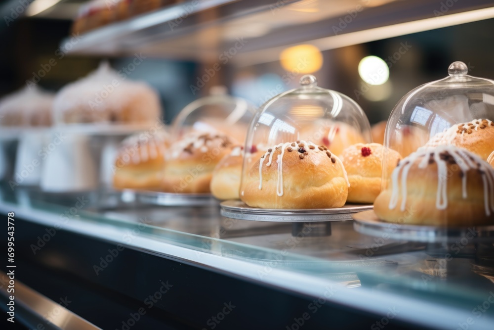 Round cakes inside a glass display in a cafe and pastry shop Stock ...