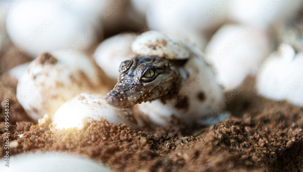 Little baby crocodiles hatching from eggs Stock Photo | Adobe Stock