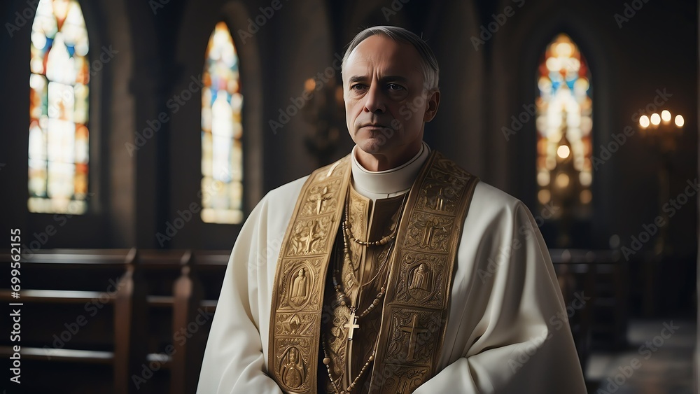 Male priest wearing liturgical vestments on church background from ...