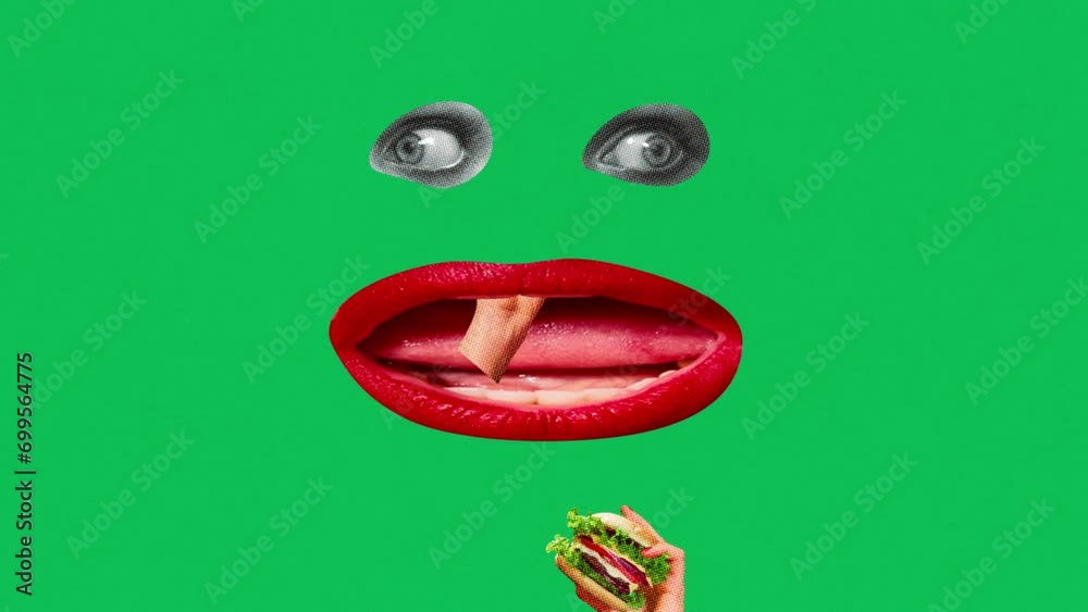Wide open female mouth with red lipstick eating burger over green ...