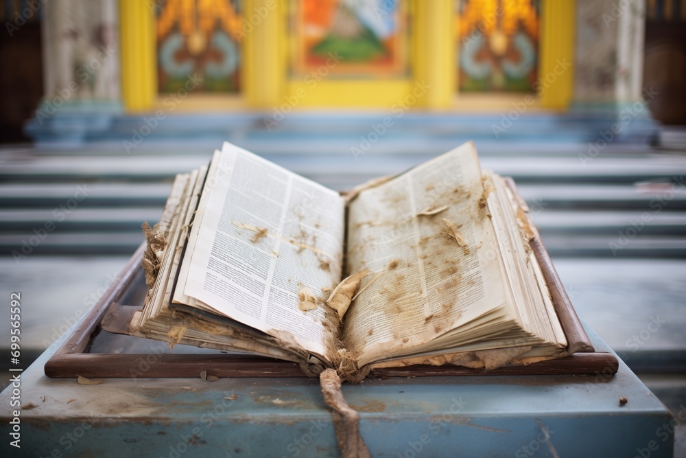 weathered bible with torn pages open on a chapels lectern Stock Photo ...