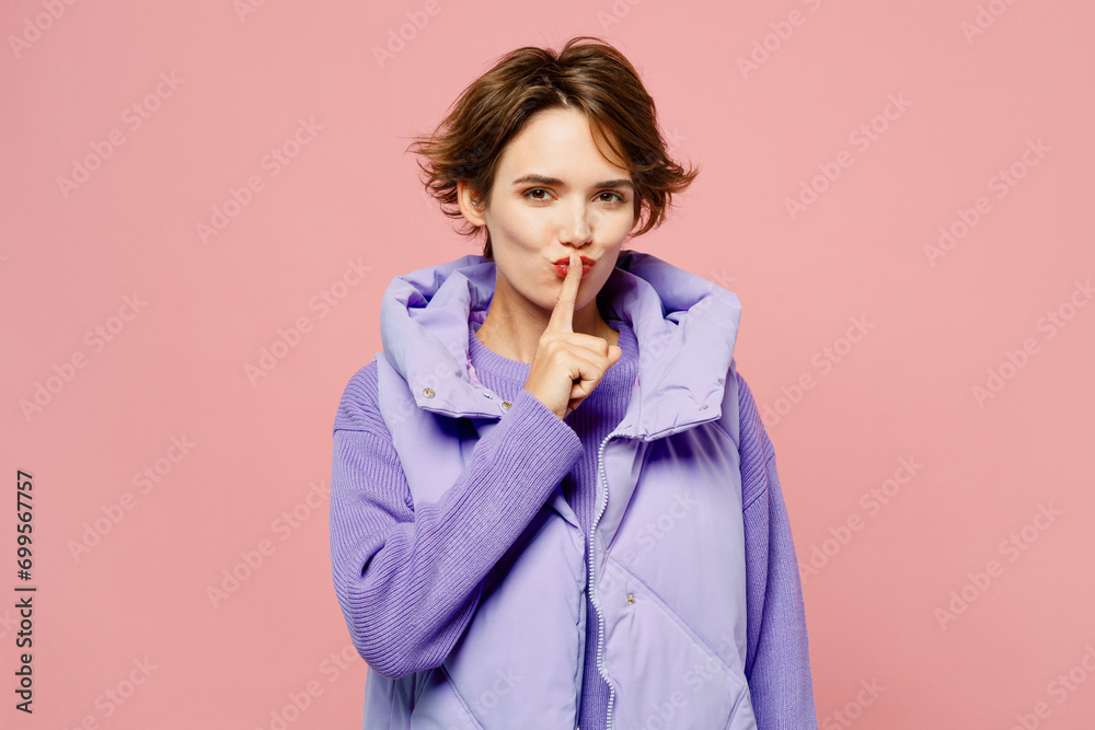 Young secret woman she wear purple vest sweatshirt casual clothes say ...