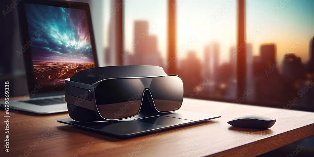 ski or goggles on the table, Virtual Reality Gamer VR, goggles on black ...