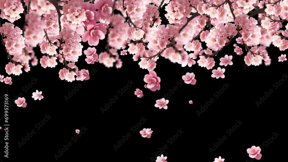 Cherry Blossom Animation And Falling On Black Background. Cheery ...