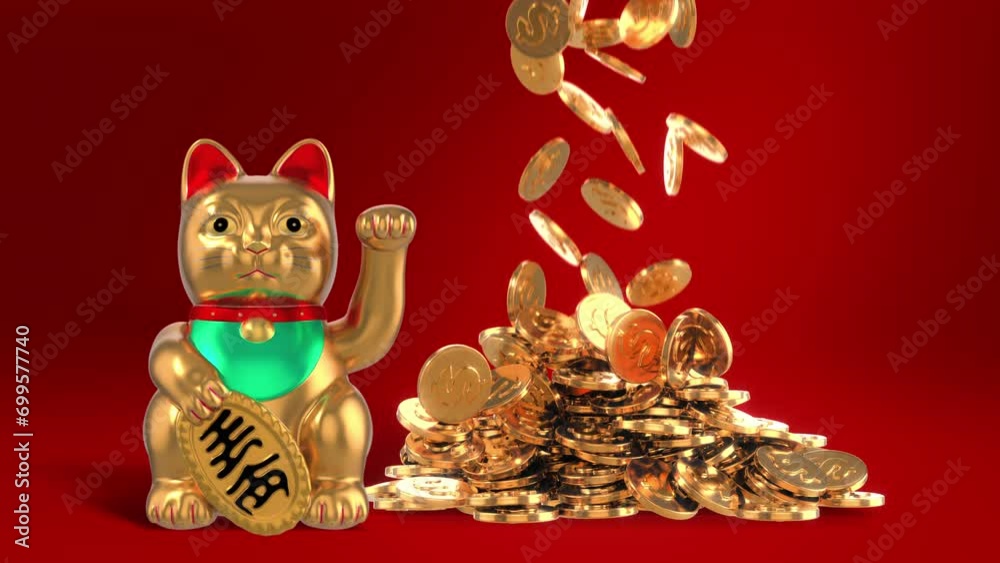 Lucky cat statue waving hand with falling golden coins in background ...