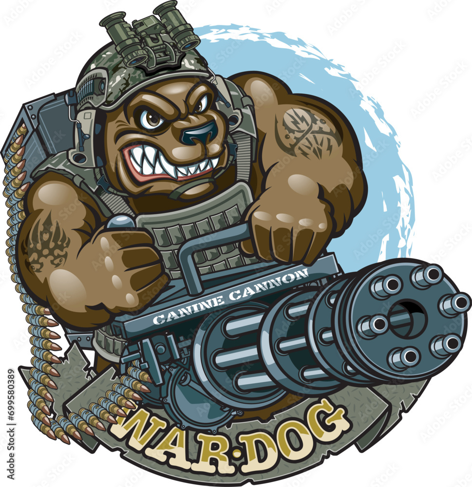 Cartoon style dog in military gear holding m134 minigun Stock Vector ...