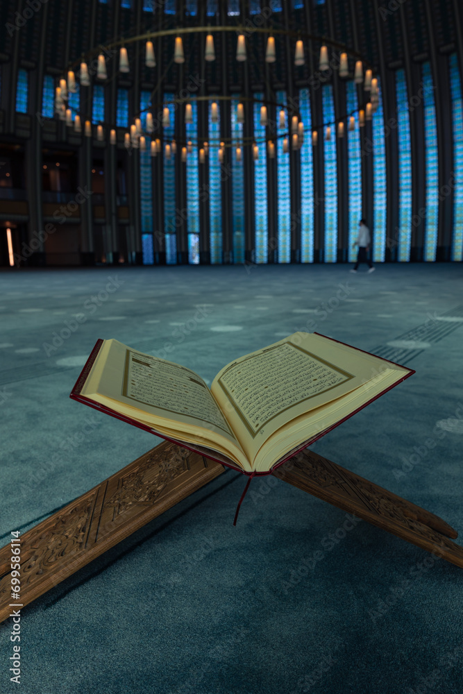 Islamic vertical story background photo. The Holy Quran on the lectern ...