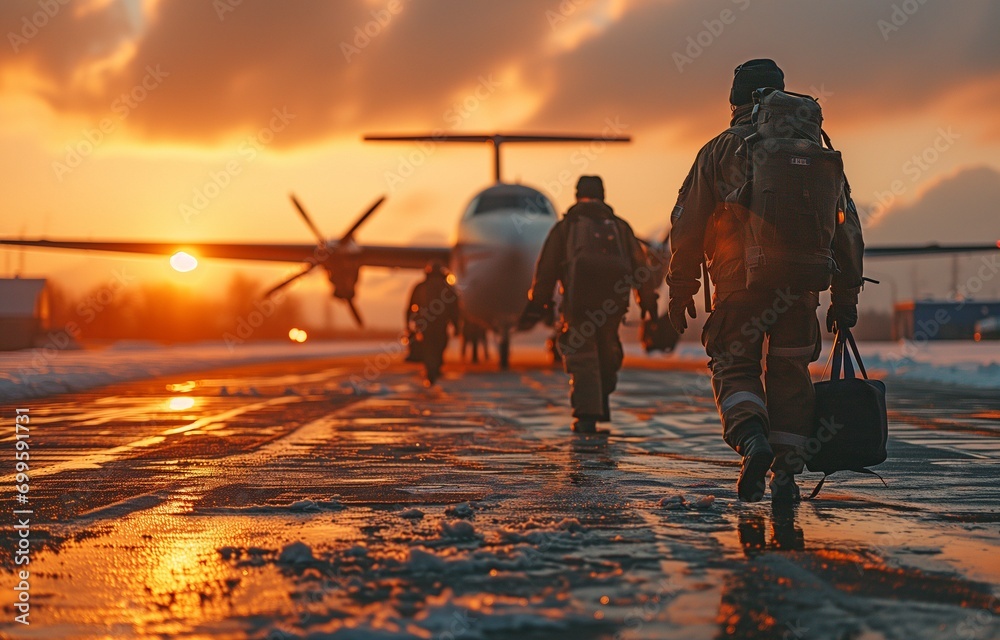 Air traffic control ground crew members are pictured on the airport ...