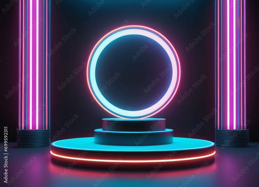 Modern stage with neon lighting and bright colors. The central focus is ...