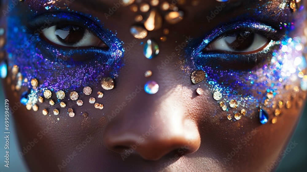 Close up of Colombian womans face decorated with shiny blue gold and ...
