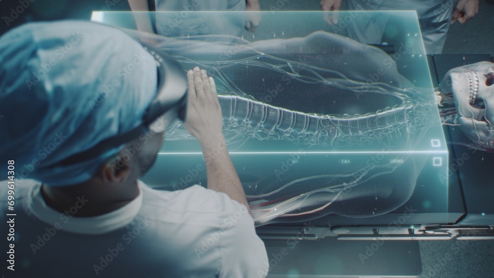 Surgical team work in high-tech operating room, perform virtual heart ...