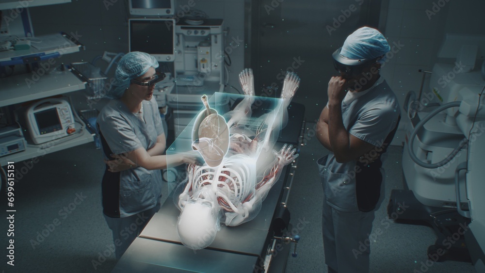 Diverse surgeons in AR headsets work in operating room using futuristic ...