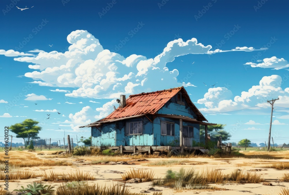 Desolate Landscape with Run-Down Blue House and Palm-Like Trees Stock ...