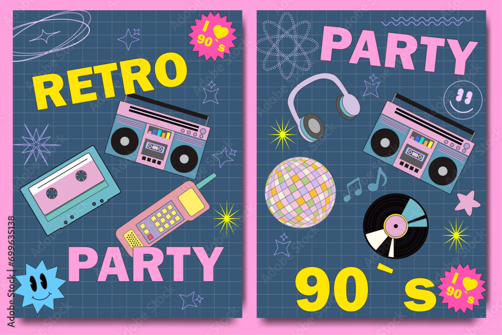 Party 90`s banner. 90's graphic design template. Poster templates with ...