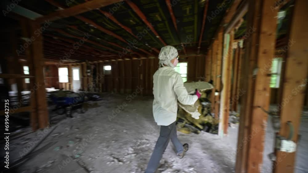 Camera following a female construction worker wearing a respirator ...