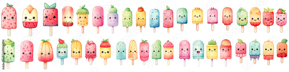 Watercolor kawaii cartoon character popsicle set on transparent ...