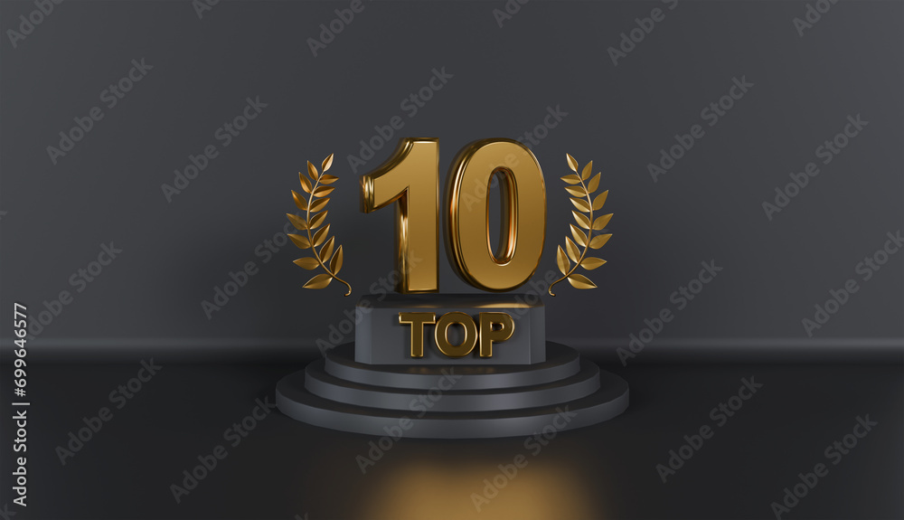 Top 10 podium award sign golden with podium on Black Background Stock ...