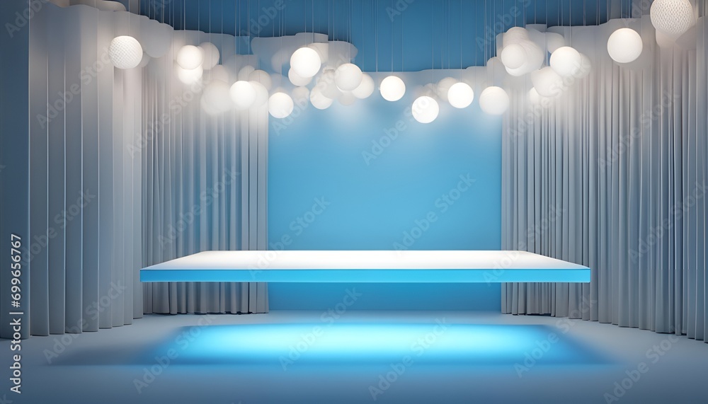 product display dais, floating, blue with retro globe lights and ...